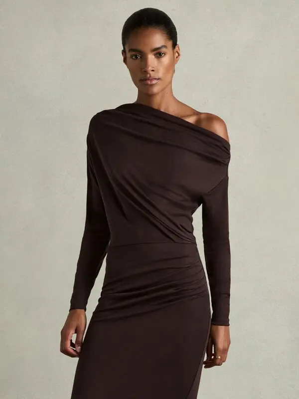 REISS Fleur Off-the-shoulder Ruched Jersey Midi Dress