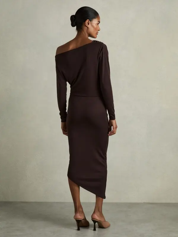 REISS Fleur Off-the-shoulder Ruched Jersey Midi Dress