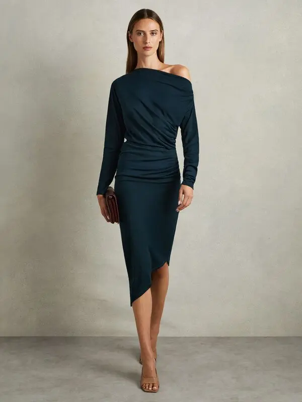 REISS Fleur Off-the-shoulder Ruched Jersey Midi Dress