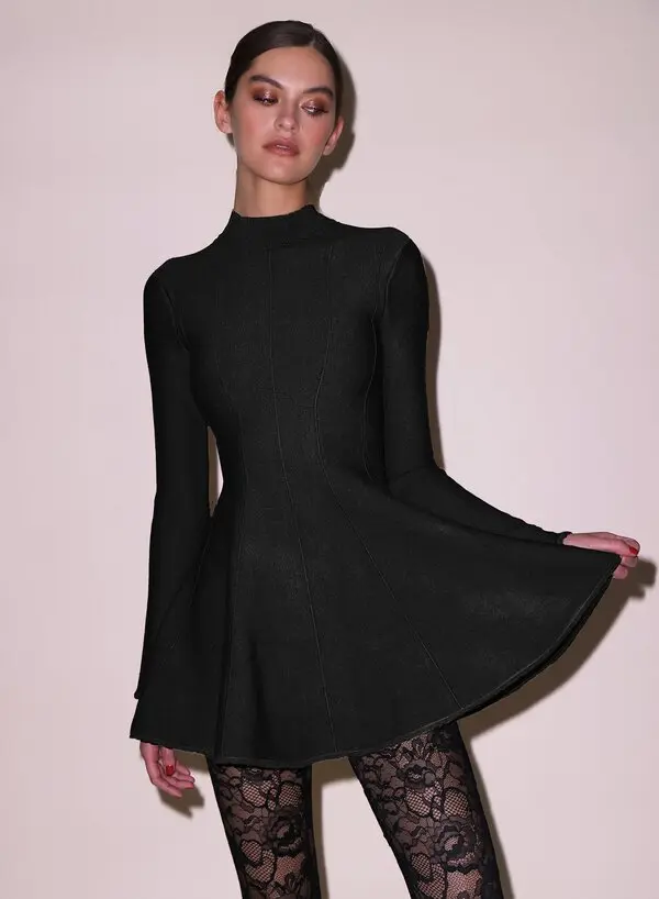 FLEUR DU MAL Long Sleeve Flared Corset Mini Dress - Black