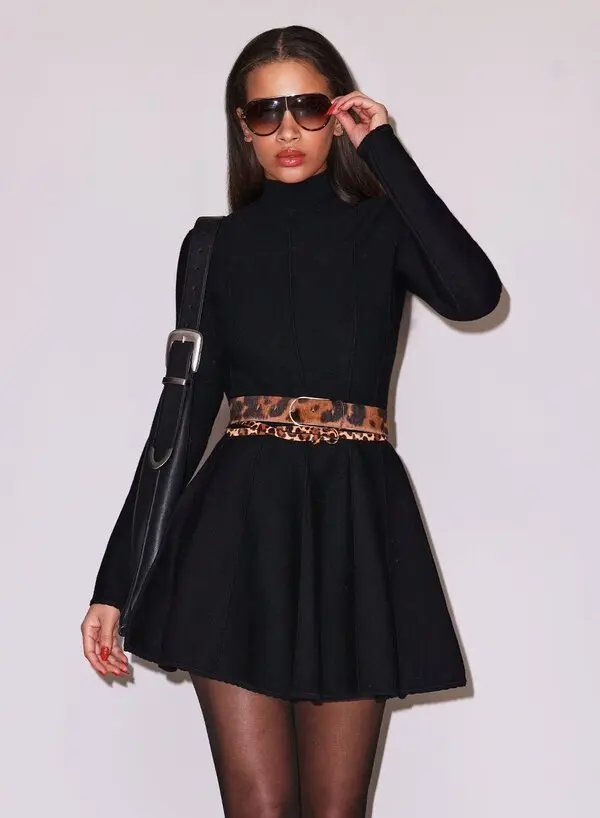 Fleur du Mal Long Sleeve Flared Corset Dress - Black