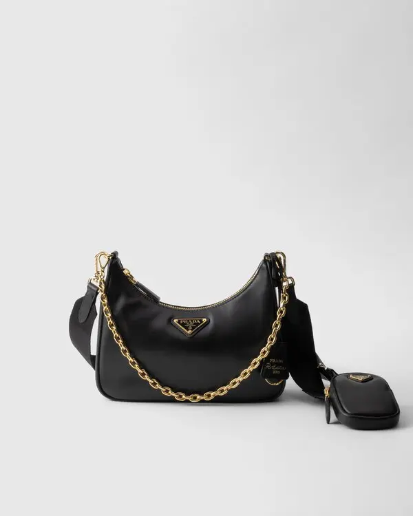 Prada Re-edition 2005 Leather Bag With Chain And Woven Strap - Black