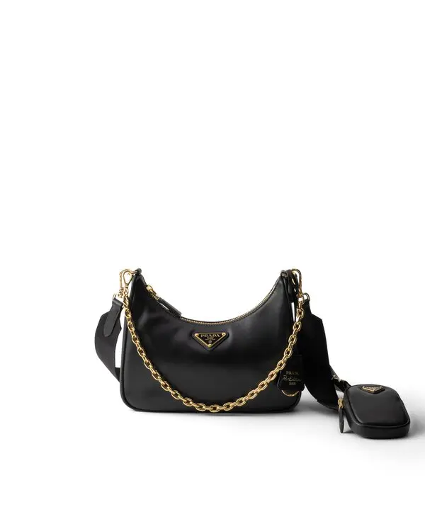 Prada Re-edition 2005 Leather Bag With Chain And Woven Strap - Black