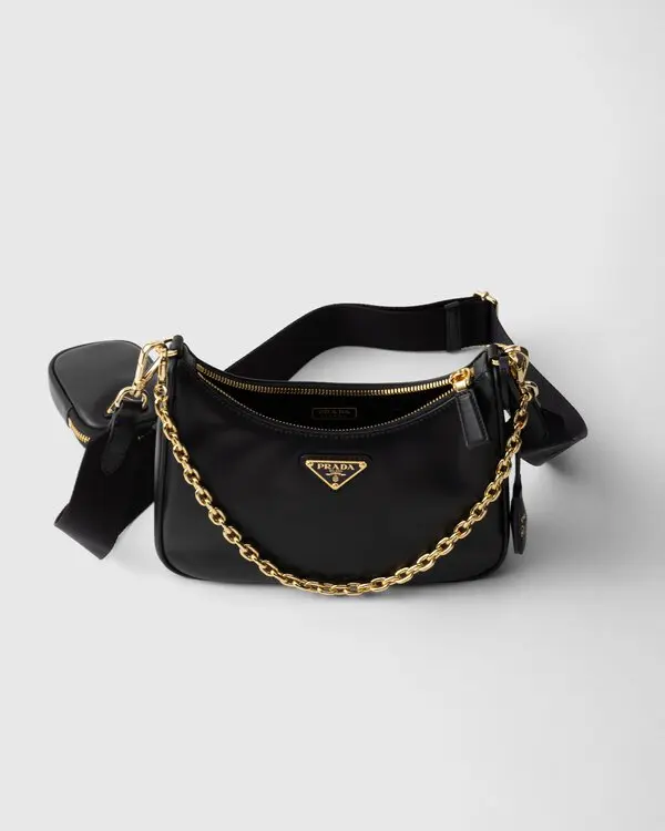 Prada Re-edition 2005 Leather Bag With Chain And Woven Strap - Black