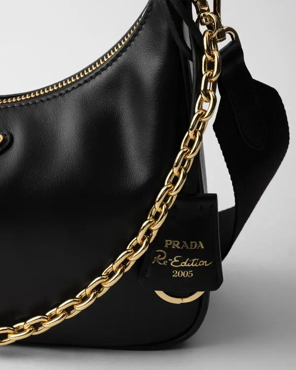 Prada Re-edition 2005 Leather Bag With Chain And Woven Strap - Black