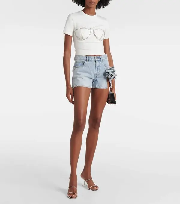 AREA Floral-appliqué Denim Shorts