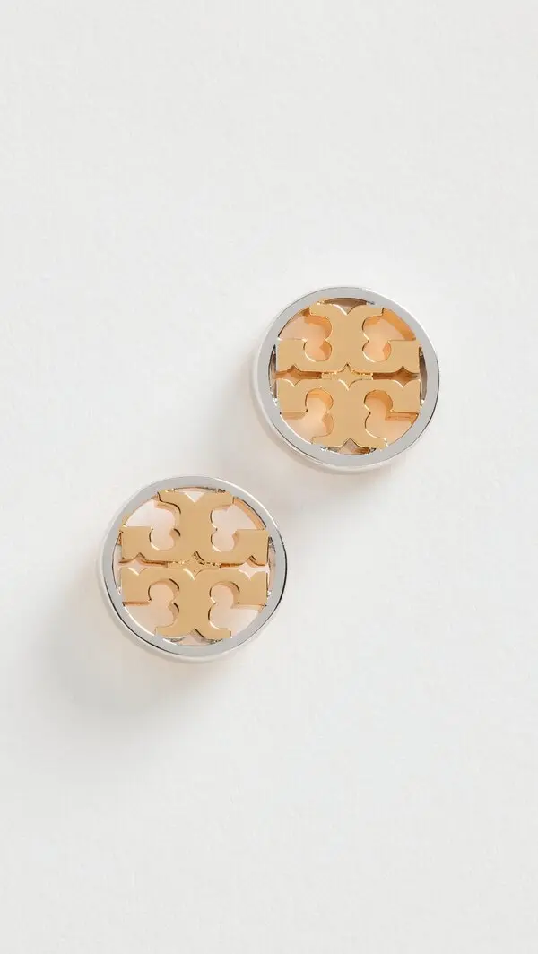 Tory Burch Two Tone Logo Stud Earrings - Tory Silver/tory Gold