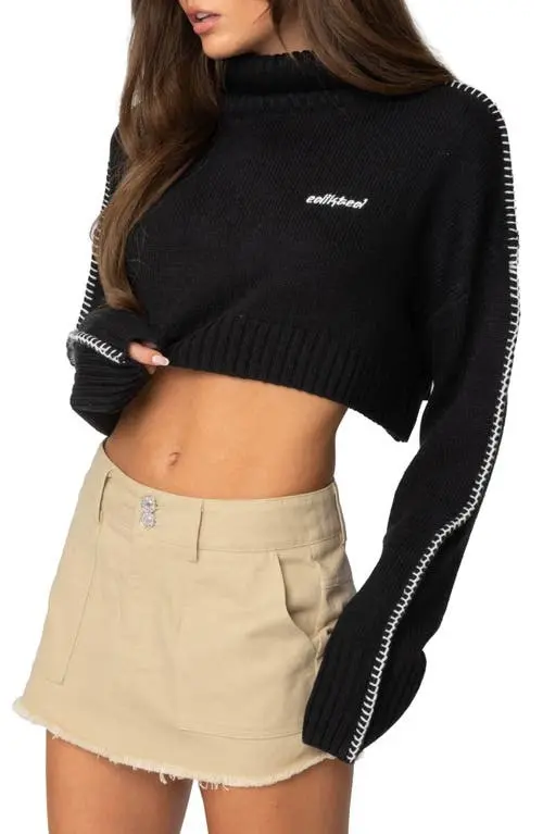 EDIKTED Blanket Stitch Accent Crop Turtleneck Sweater