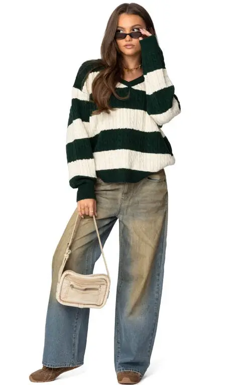 EDIKTED Stripe Oversized Cable Knit Sweater