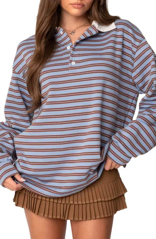 EDIKTED Stripe Long Sleeve Oversize Polo - Blue