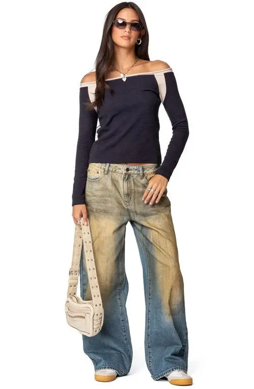 EDIKTED Off-the-shoulder Colorblock Thermal Top