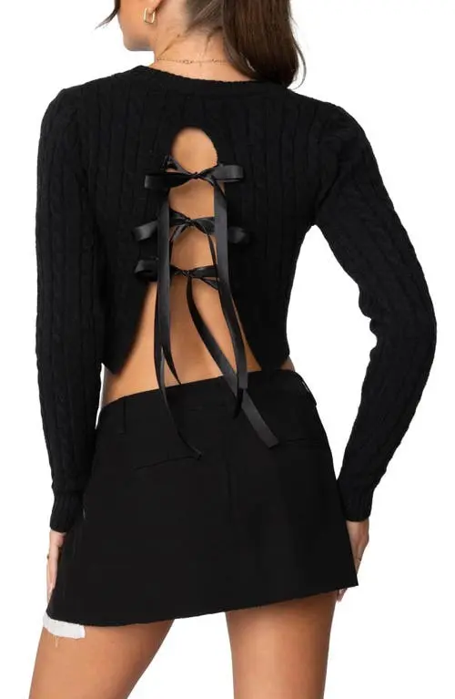 EDIKTED Bow Accent Cable Stitch Crop Sweater