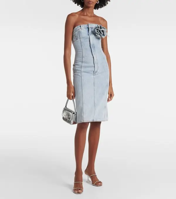 AREA Floral-applique Denim Midi Dress