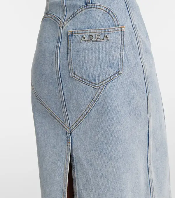 AREA Floral-applique Denim Midi Dress
