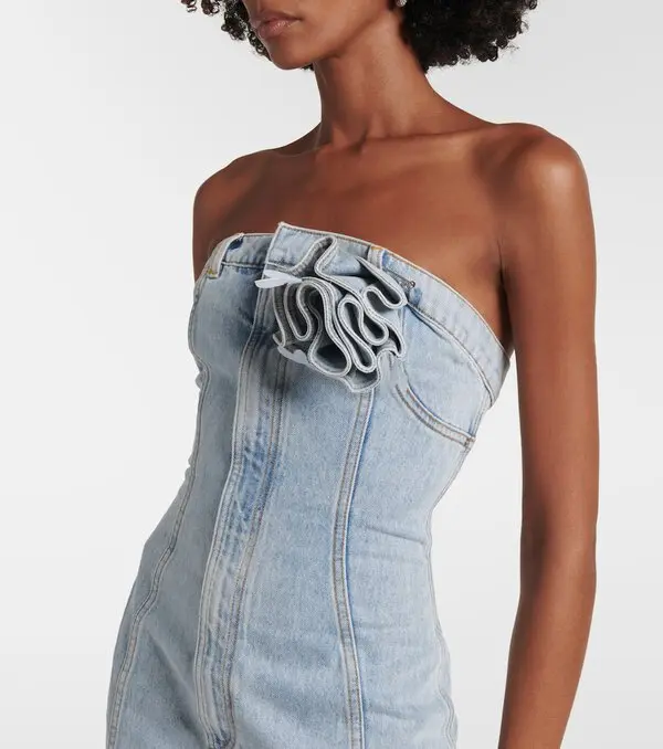 AREA Floral-applique Denim Midi Dress