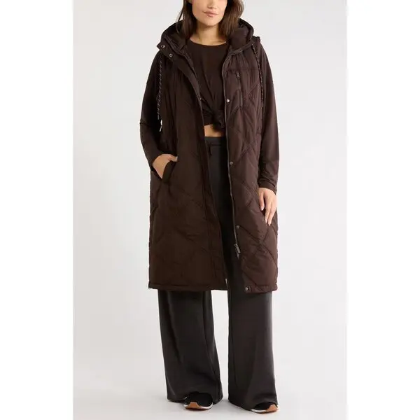 Zella Long Hooded Puffer Vest - Brown Mole