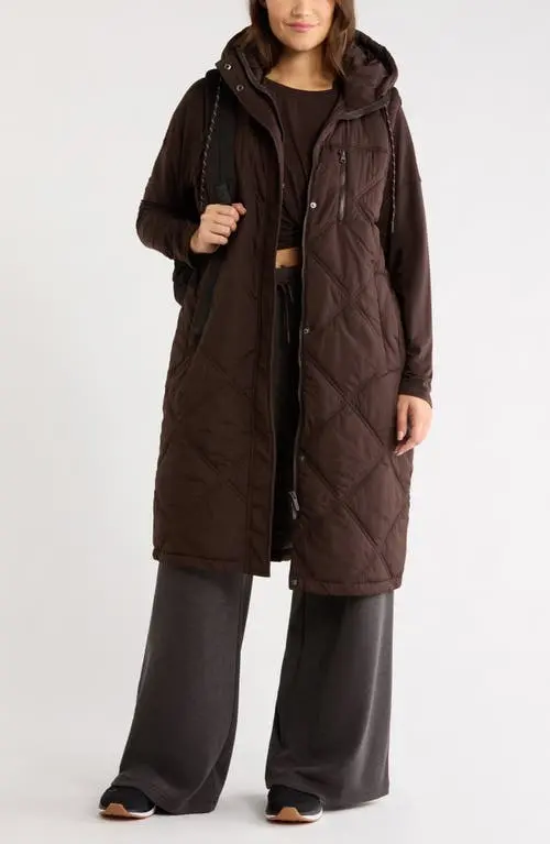 Zella Long Hooded Puffer Vest - Brown Mole