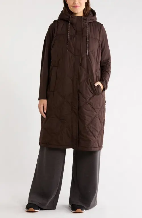 Zella Long Hooded Puffer Vest - Brown Mole