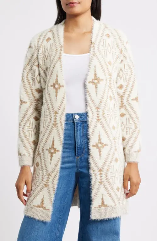 Bobeau Pattern Eyelash Cardigan - Ivory/brown Mix