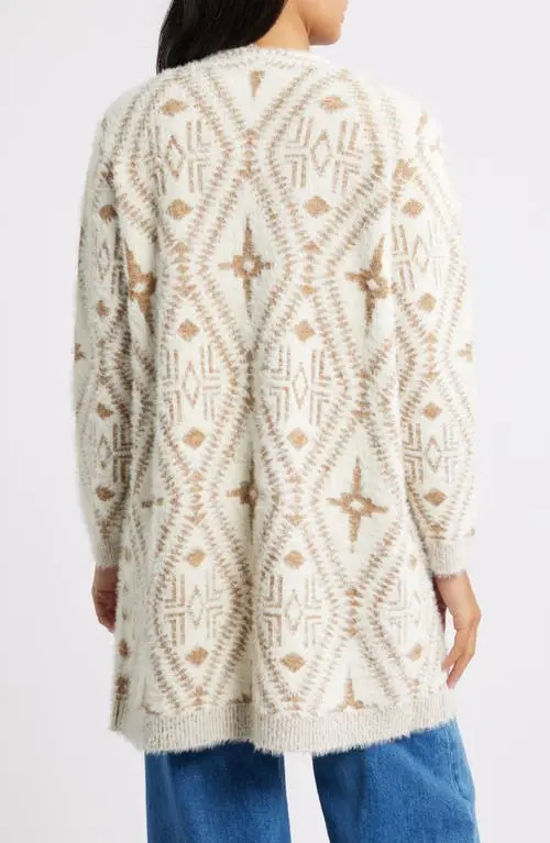 Bobeau Pattern Eyelash Cardigan - Ivory/brown Mix