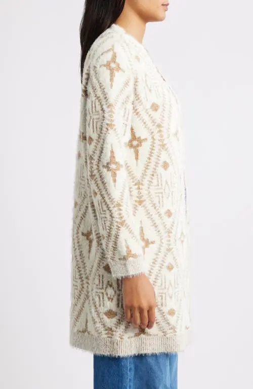 Bobeau Pattern Eyelash Cardigan - Ivory/brown Mix