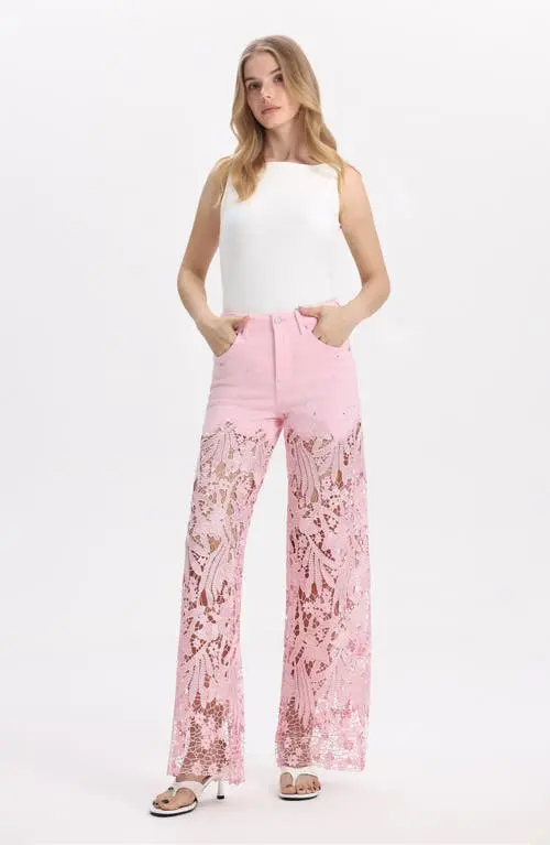 BAYEAS High-waist Crystal-embellished Lace Wide-leg Jeans - Pink