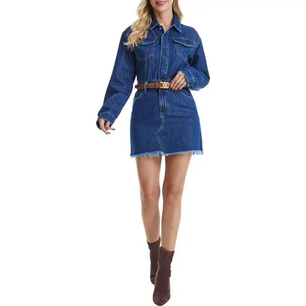 BAYEAS Resa Long-sleeve Fray Hem Denim Mini Shirtdress - Dark Blue