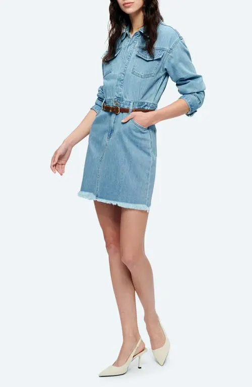 BAYEAS Resa Long-sleeve Fray Hem Denim Mini Shirtdress - Light Blue