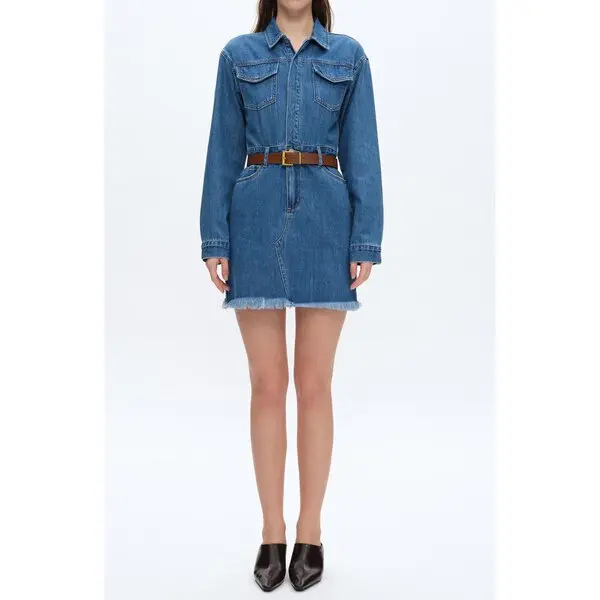 BAYEAS Resa Long-sleeve Fray Hem Denim Mini Shirtdress - Medium Blue