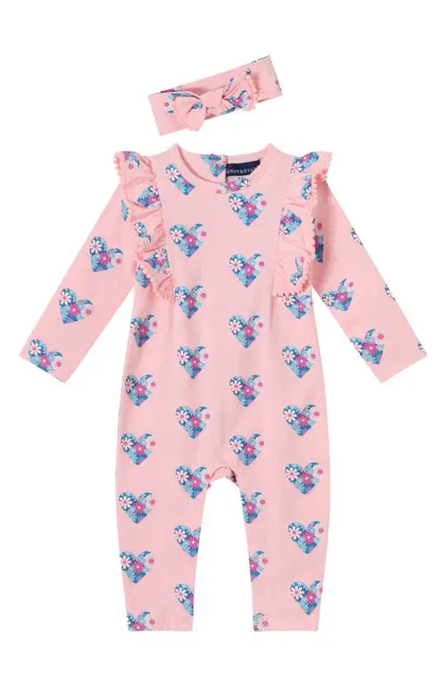Andy & Evan Heart Print Cotton Romper & Headband Set - Pink
