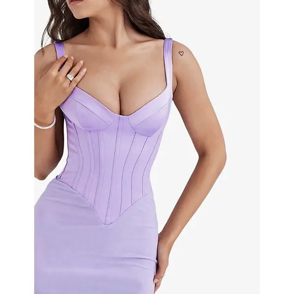 house of cb purple corset dress 'Santana' Violet Satin Strapless Corset Midi Dress