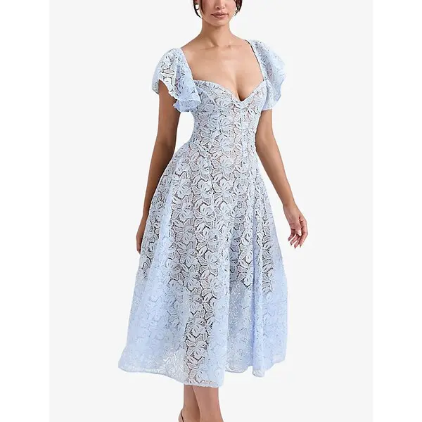House Of Cb Lace-Embroidered Flared-Sleeve Woven Midi Dress - Bluebell - 2%  Off | Editorialist