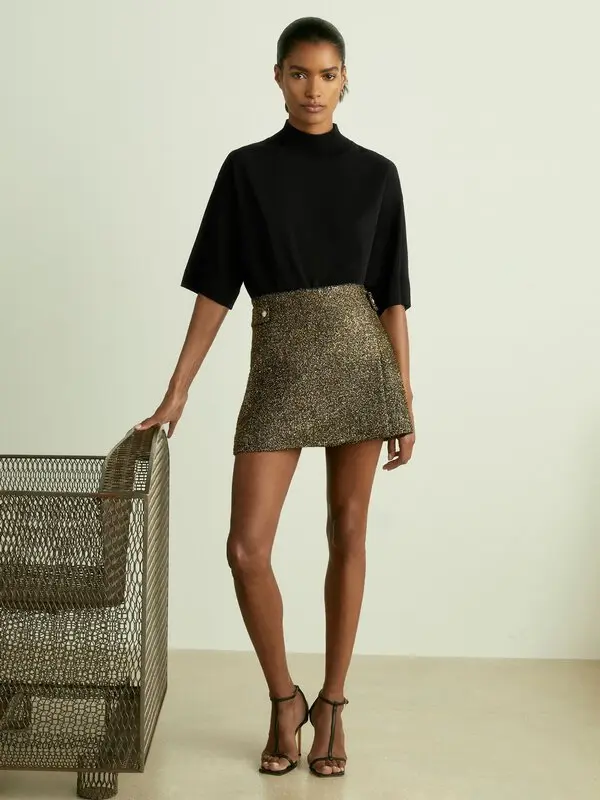 REISS Elilah Metallic Knit Mini Skirt - Gold