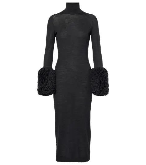 Alaïa Faux Shearling-trimmed Virgin Wool Midi Dress - Black