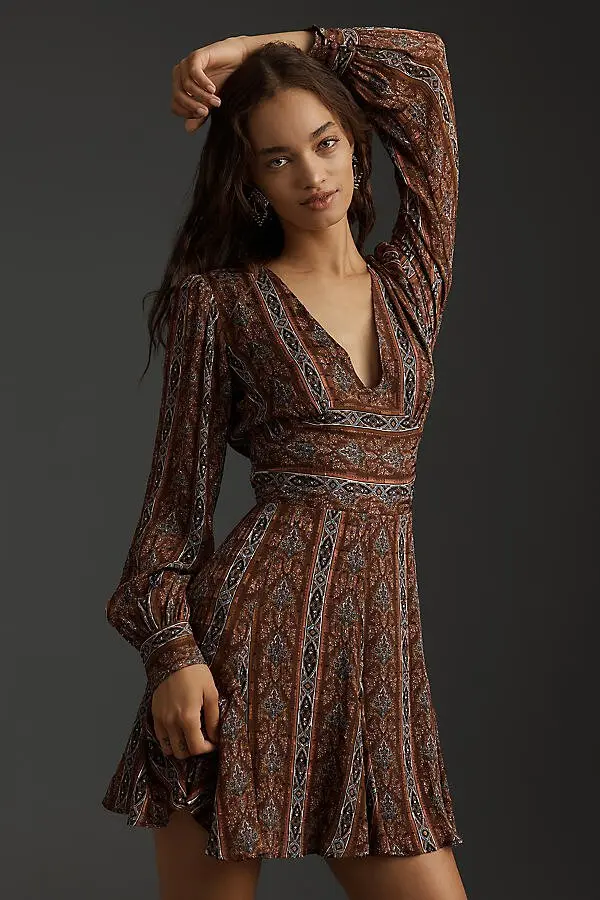 paige bucatini mini dress Bucatini Print Long Sleeve Silk Blend Dress (Women)