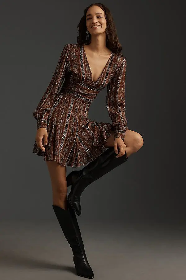 paige brown dress Paige Aries V-neck Mini Dress