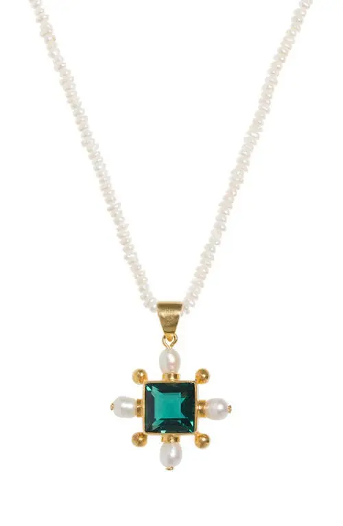 FREYA ROSE Seed Pearl Necklace With Green Quartz Cross Pendant - Ivory