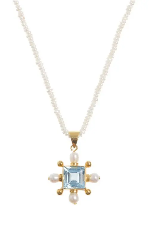 FREYA ROSE Seed Pearl Necklace With Blue Topaz Cross Pendant - Ivory