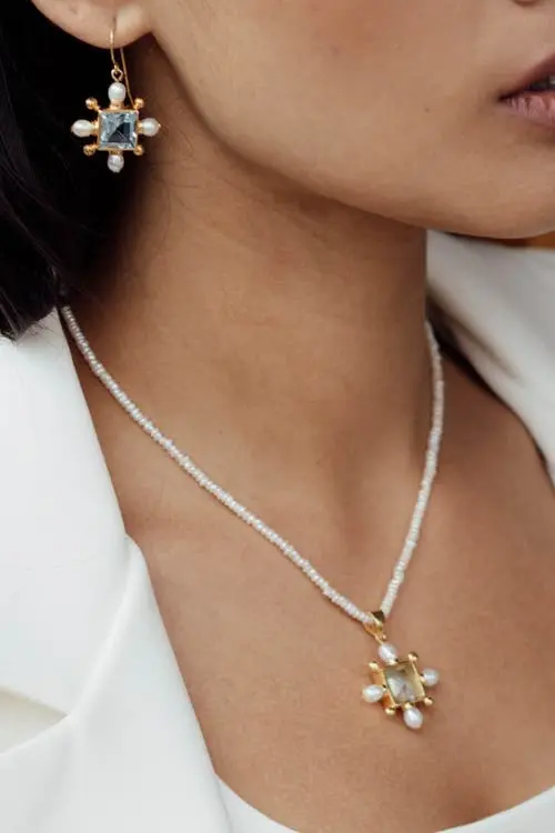 FREYA ROSE Seed Pearl Necklace With Blue Topaz Cross Pendant