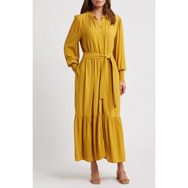 Caslon Long Sleeve Tiered Crepe Maxi Dress In Yellow Harvest - 55% Off |  Editorialist