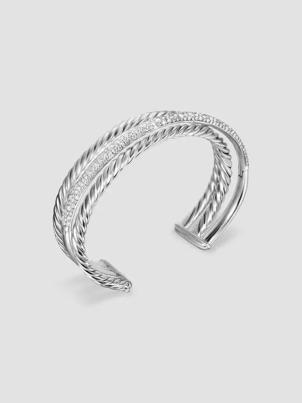 David Yurman Pavé Crossover Three Row Cuff Bracelet In Sterling