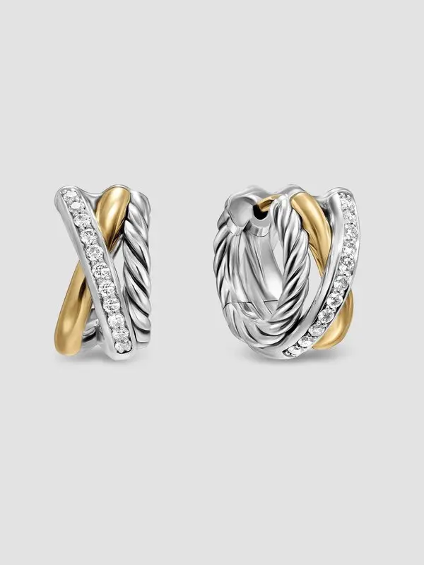 David Yurman Crossover Three Row Huggie Hoop Earrings In Sterling Silver With 18k Yellow Gold, 13mm - Diamond