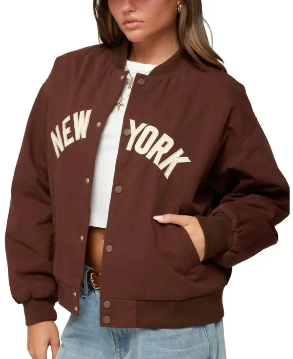 EDIKTED Big Apple Oversized Bomber Jacket - Brown