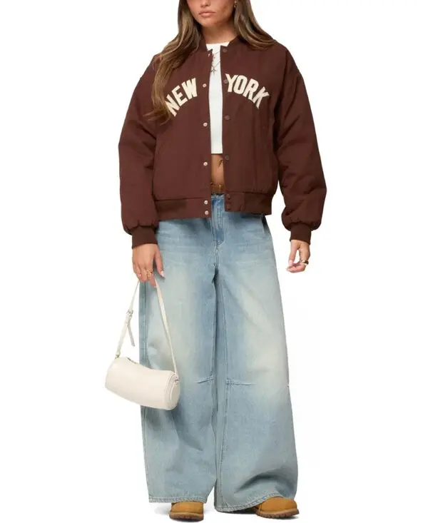 EDIKTED Big Apple Oversized Bomber Jacket - Brown