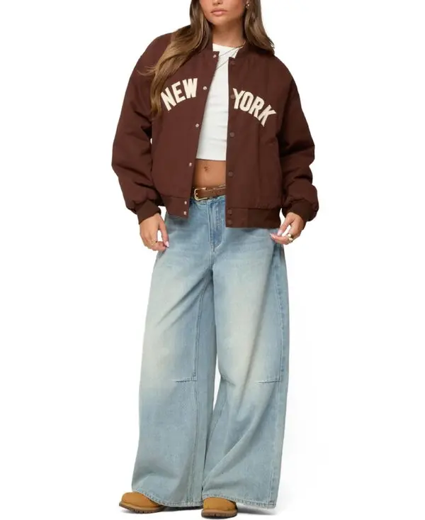 EDIKTED Big Apple Oversized Bomber Jacket - Brown