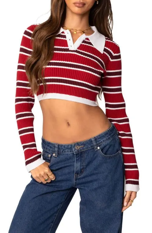 EDIKTED Stripey Collar Ribbed Crop Top