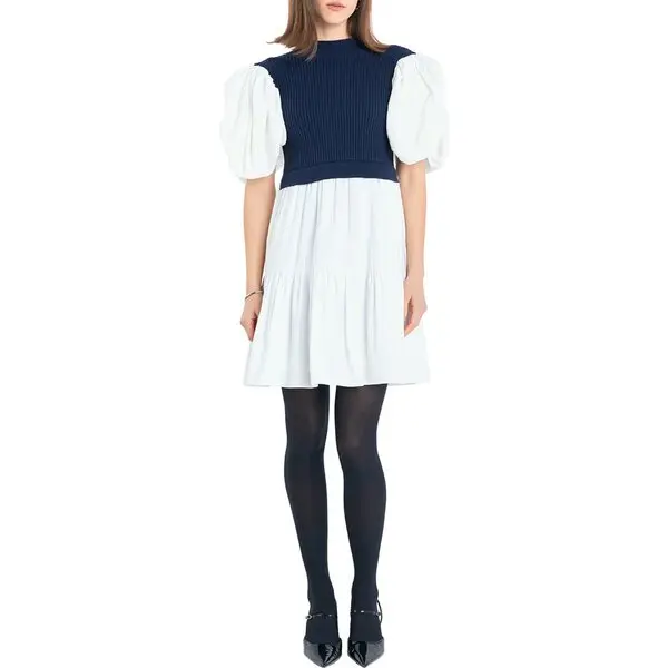 English Factory Puff Sleeve Mixed Media Sweater Dress - Navy