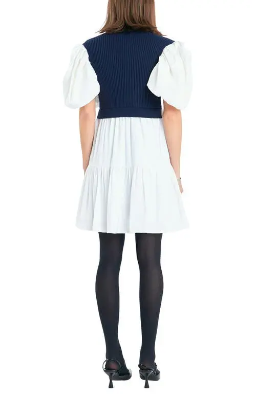 English Factory Puff Sleeve Mixed Media Sweater Dress - Navy