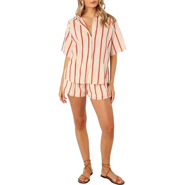 PETAL & PUP Myles Cotton Button-up Shirt & Shorts Set - Red Stripe