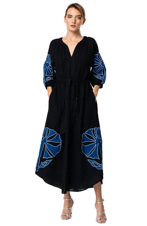 Ciebon Tiana Embroidered Cotton Midi Dress - Navy/Black | Editorialist